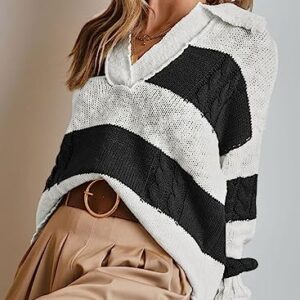 Dokotoo Sweaters for Women Fall 2023 Casual Lightweight Long Sleeve Cable Knit Loose Stylish Winter Sweater V Neck Color Block Turn-Down Collar Striped Pullover Jumper Tops Black Medium