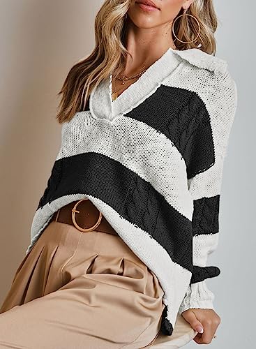 Dokotoo Sweaters for Women Fall 2023 Casual Lightweight Long Sleeve Cable Knit Loose Stylish Winter Sweater V Neck Color Block Turn-Down Collar Striped Pullover Jumper Tops Black Medium