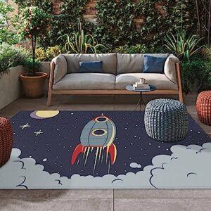 CHARMHOME Indoor Outdoor Rugs 5'x8' - Waterproof Patio Rug Camping Rug for Porch Deck Backyard Patio - Space Theme Cute Cartoon Rocket Moon and Stars Pattern Area Rug Easy Clean