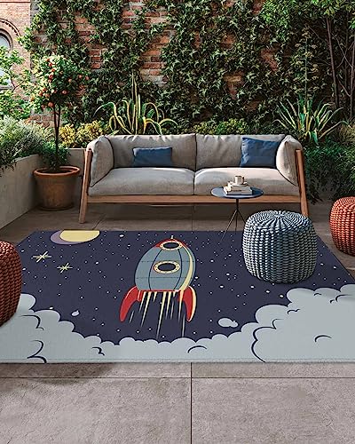 CHARMHOME Indoor Outdoor Rugs 5'x8' - Waterproof Patio Rug Camping Rug for Porch Deck Backyard Patio - Space Theme Cute Cartoon Rocket Moon and Stars Pattern Area Rug Easy Clean