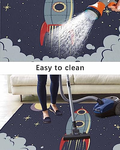 CHARMHOME Indoor Outdoor Rugs 5'x8' - Waterproof Patio Rug Camping Rug for Porch Deck Backyard Patio - Space Theme Cute Cartoon Rocket Moon and Stars Pattern Area Rug Easy Clean