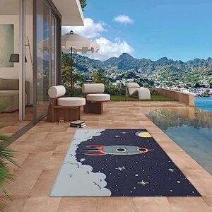 CHARMHOME Indoor Outdoor Rugs 5'x8' - Waterproof Patio Rug Camping Rug for Porch Deck Backyard Patio - Space Theme Cute Cartoon Rocket Moon and Stars Pattern Area Rug Easy Clean