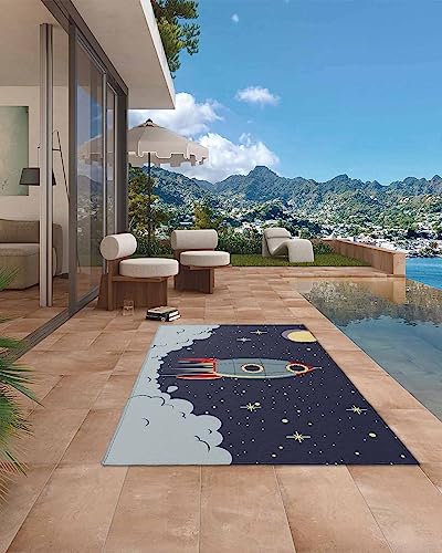 CHARMHOME Indoor Outdoor Rugs 5'x8' - Waterproof Patio Rug Camping Rug for Porch Deck Backyard Patio - Space Theme Cute Cartoon Rocket Moon and Stars Pattern Area Rug Easy Clean