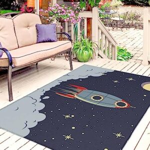 CHARMHOME Indoor Outdoor Rugs 5'x8' - Waterproof Patio Rug Camping Rug for Porch Deck Backyard Patio - Space Theme Cute Cartoon Rocket Moon and Stars Pattern Area Rug Easy Clean