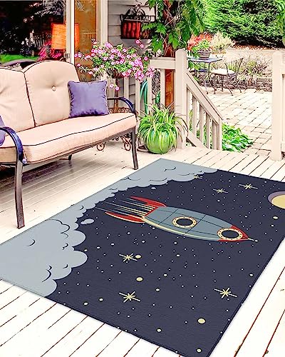 CHARMHOME Indoor Outdoor Rugs 5'x8' - Waterproof Patio Rug Camping Rug for Porch Deck Backyard Patio - Space Theme Cute Cartoon Rocket Moon and Stars Pattern Area Rug Easy Clean