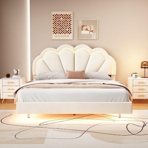 modern queen upholstered bed with elegant flowers headboard, upholstered smart led bed frame, floating velvet platform led bed with wooden slats support for kids teens boys girls (beige+queen-1)