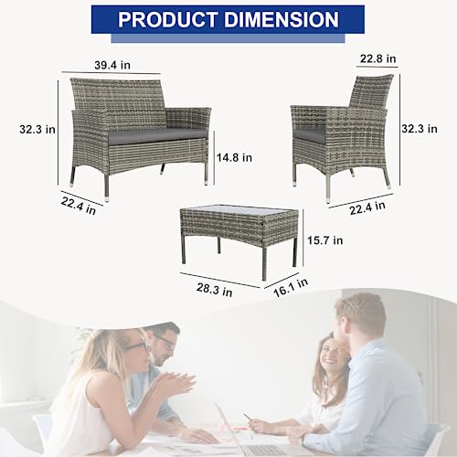 BPTD 4 Pieces Outdoor Furniture Set PE Wicker Ratten Chairs Set Conversation Set Balcony Furniture with Cushion and Table for Backyard, Garden, Porch and Poolside (Gray/Gray)