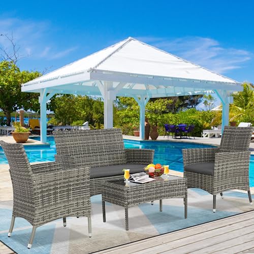 BPTD 4 Pieces Outdoor Furniture Set PE Wicker Ratten Chairs Set Conversation Set Balcony Furniture with Cushion and Table for Backyard, Garden, Porch and Poolside (Gray/Gray)