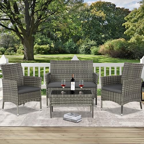 BPTD 4 Pieces Outdoor Furniture Set PE Wicker Ratten Chairs Set Conversation Set Balcony Furniture with Cushion and Table for Backyard, Garden, Porch and Poolside (Gray/Gray)