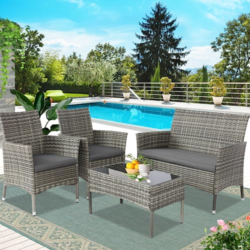 BPTD 4 Pieces Outdoor Furniture Set PE Wicker Ratten Chairs Set Conversation Set Balcony Furniture with Cushion and Table for Backyard, Garden, Porch and Poolside (Gray/Gray)