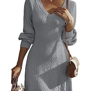 Dokotoo Womens Oversized Sweater Dress Elegant Trendy Casual Loose Long Sleeve Dresses V Neck Knit Ribbed A Line Fall Pullover Sweater Mini Dress 2023 Trendy Outfits Gray Medium