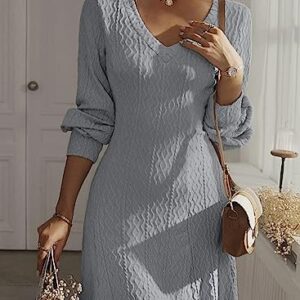 Dokotoo Womens Oversized Sweater Dress Elegant Trendy Casual Loose Long Sleeve Dresses V Neck Knit Ribbed A Line Fall Pullover Sweater Mini Dress 2023 Trendy Outfits Gray Medium