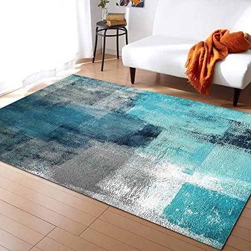 Turquoise and Gray Abstract Art Area Rug, Teal Graffiti Painting Large Rugs, Indoor Non-Slip Kids Rugs, Machine Washable Breathable Durable Carpet for Front Entrance Floor Decor,5 x 7ft