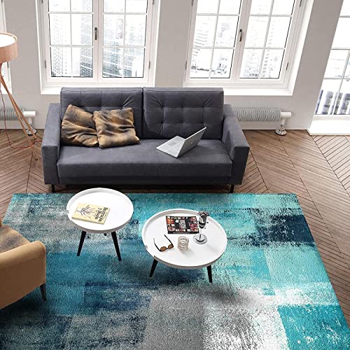 Turquoise and Gray Abstract Art Area Rug, Teal Graffiti Painting Large Rugs, Indoor Non-Slip Kids Rugs, Machine Washable Breathable Durable Carpet for Front Entrance Floor Decor,5 x 7ft