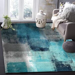 Turquoise and Gray Abstract Art Area Rug, Teal Graffiti Painting Large Rugs, Indoor Non-Slip Kids Rugs, Machine Washable Breathable Durable Carpet for Front Entrance Floor Decor,5 x 7ft