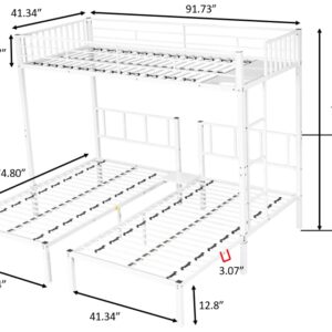 UFINEGO Twin Over Twin & Twin Bunk Bed, Triple Bunk Bed Metal Bunk Bed Frame with Guardrails, Converted into Three Single Twin Bed, No Box Spring Needed