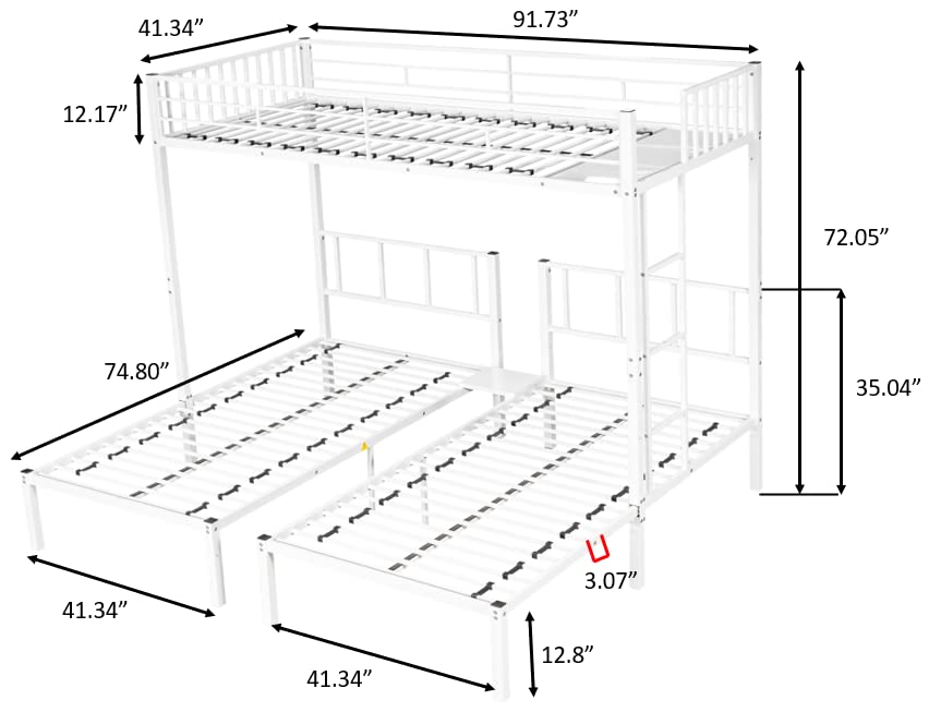 UFINEGO Twin Over Twin & Twin Bunk Bed, Triple Bunk Bed Metal Bunk Bed Frame with Guardrails, Converted into Three Single Twin Bed, No Box Spring Needed