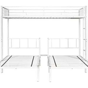 UFINEGO Twin Over Twin & Twin Bunk Bed, Triple Bunk Bed Metal Bunk Bed Frame with Guardrails, Converted into Three Single Twin Bed, No Box Spring Needed