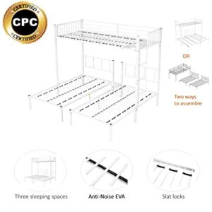 UFINEGO Twin Over Twin & Twin Bunk Bed, Triple Bunk Bed Metal Bunk Bed Frame with Guardrails, Converted into Three Single Twin Bed, No Box Spring Needed