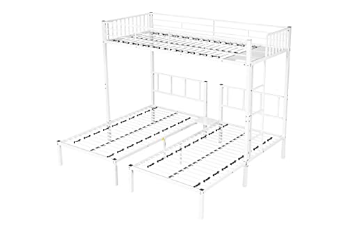 UFINEGO Twin Over Twin & Twin Bunk Bed, Triple Bunk Bed Metal Bunk Bed Frame with Guardrails, Converted into Three Single Twin Bed, No Box Spring Needed