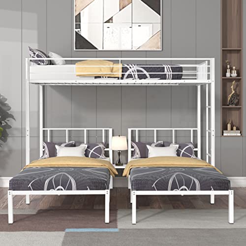 UFINEGO Twin Over Twin & Twin Bunk Bed, Triple Bunk Bed Metal Bunk Bed Frame with Guardrails, Converted into Three Single Twin Bed, No Box Spring Needed