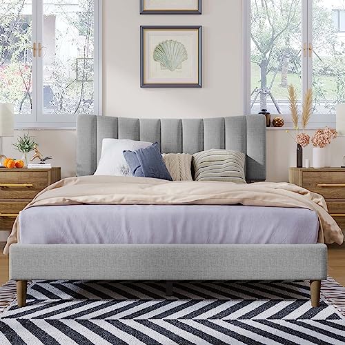 Queen Size Upholstered Platform Bed Frame with Vertical Channel Tufted Headboard, Modern Upholstered Platform Bed with Wood Slat Support, Heavy Duty Queen Bed Frames, No Box Spring Needed (Gray)