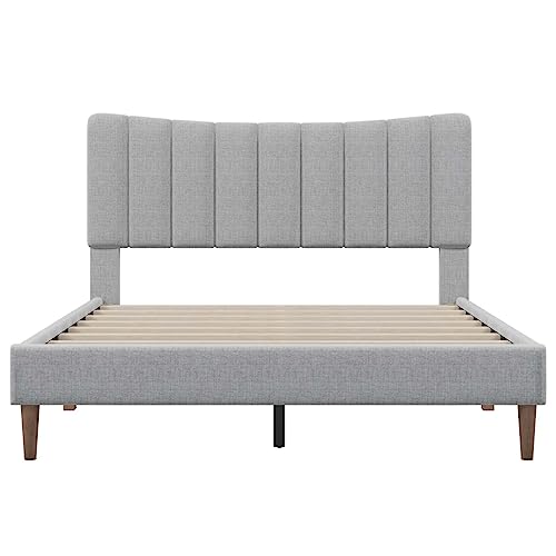 Queen Size Upholstered Platform Bed Frame with Vertical Channel Tufted Headboard, Modern Upholstered Platform Bed with Wood Slat Support, Heavy Duty Queen Bed Frames, No Box Spring Needed (Gray)