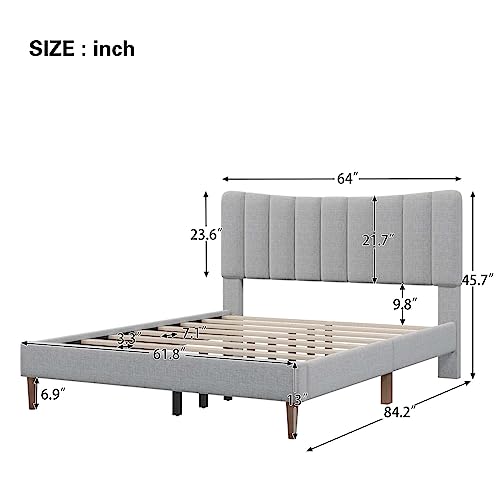 Queen Size Upholstered Platform Bed Frame with Vertical Channel Tufted Headboard, Modern Upholstered Platform Bed with Wood Slat Support, Heavy Duty Queen Bed Frames, No Box Spring Needed (Gray)