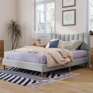 Queen Size Upholstered Platform Bed Frame with Vertical Channel Tufted Headboard, Modern Upholstered Platform Bed with Wood Slat Support, Heavy Duty Queen Bed Frames, No Box Spring Needed (Gray)