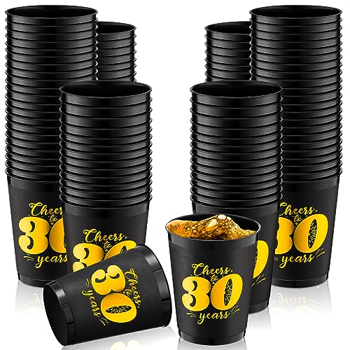 Patelai 48 Pcs Birthday Cups Anniversary Cups, 12 Oz Gold and Black Plastic Cups for Parties, Gold and Black Plastic Stadium Cups for Birthday Decorations Anniversary Wedding Party Favors (30th)