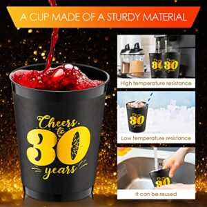 Patelai 48 Pcs Birthday Cups Anniversary Cups, 12 Oz Gold and Black Plastic Cups for Parties, Gold and Black Plastic Stadium Cups for Birthday Decorations Anniversary Wedding Party Favors (30th)