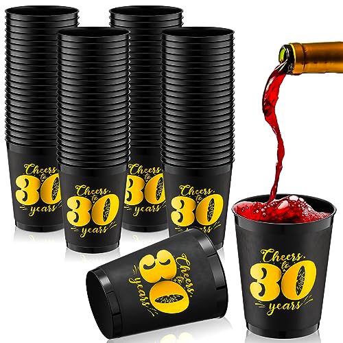 Patelai 48 Pcs Birthday Cups Anniversary Cups, 12 Oz Gold and Black Plastic Cups for Parties, Gold and Black Plastic Stadium Cups for Birthday Decorations Anniversary Wedding Party Favors (30th)