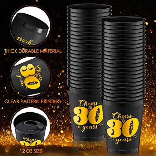 Patelai 48 Pcs Birthday Cups Anniversary Cups, 12 Oz Gold and Black Plastic Cups for Parties, Gold and Black Plastic Stadium Cups for Birthday Decorations Anniversary Wedding Party Favors (30th)