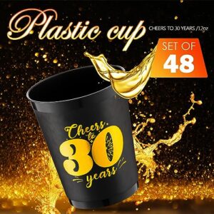 Patelai 48 Pcs Birthday Cups Anniversary Cups, 12 Oz Gold and Black Plastic Cups for Parties, Gold and Black Plastic Stadium Cups for Birthday Decorations Anniversary Wedding Party Favors (30th)