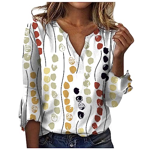 Womens Tops 3/4 Sleeve 3/4 Length Sleeves Tops for Women Floral Print Retro Blouses V Neck Tulip Sleeve Loose Fit Dressy Casual T-Shirts Yellow XXL