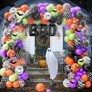 Wecepar Halloween Balloon Garland Arch kit with Halloween Spider Web Boo Foil Balloons Spider Balloons Black Orange Purple Fruit Green Confetti Balloons for Halloween Day Party Decorations Backdrops