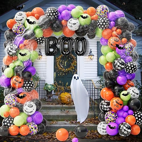 Wecepar Halloween Balloon Garland Arch kit with Halloween Spider Web Boo Foil Balloons Spider Balloons Black Orange Purple Fruit Green Confetti Balloons for Halloween Day Party Decorations Backdrops