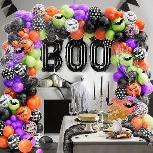 Wecepar Halloween Balloon Garland Arch kit with Halloween Spider Web Boo Foil Balloons Spider Balloons Black Orange Purple Fruit Green Confetti Balloons for Halloween Day Party Decorations Backdrops