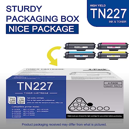 4 Pack TN227 BK/C/M/Y Toner Cartridge High Yield Compatible TN227 Replacement for Brother MFC-L3770CDW L3710CW L3750CDW HL-3210CW 3270CDW 3290CDW DCP-L3510CDW L3550CDW Printer