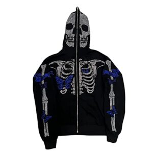 nvzhuang womens y2k zip up skeleton graphic hoodies halloween rhinestone oversized vintage hoodie goth fall jacket streetwear (black blue, s)