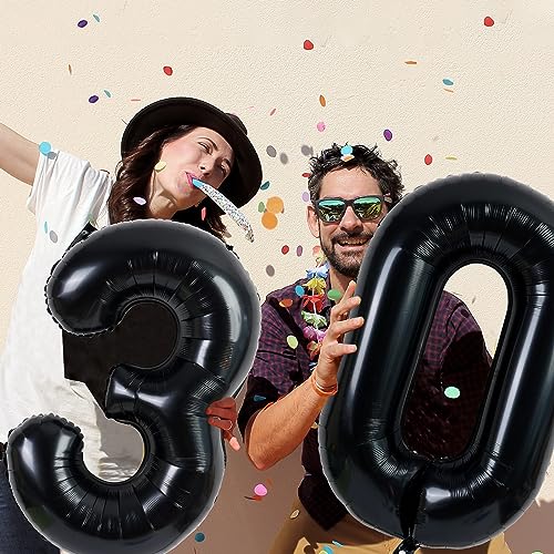 RUBFAC 42 Inch 30 Number Balloons Black Big Giant Jumbo Number 30 Foil Mylar Balloons for 30th Birthday Party Anniversary Events Decorations