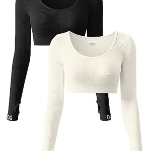 OQQ Women's 2 Piece Crop Top Workout Long Sleeve Yoga Exercise, Black,beige, Small