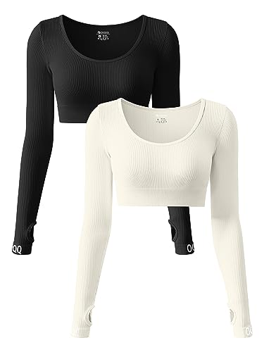 OQQ Women's 2 Piece Crop Top Workout Long Sleeve Yoga Exercise, Black,beige, Small