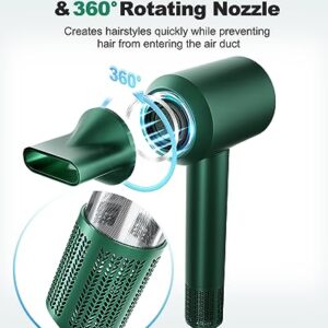 7MAGIC High-Speed Hair Dryer with 110,000RPM Brushless Motor for Fast Drying, Low Noise Blow Dryer with Tri-Colour LED Light Ring, 1400W Ionic Hair Dryer for Home and Travel, Magnetic Nozzle, Green