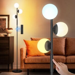 sibrille led floor lamp for bedroom, 3 globe bright standing lamp with remote control, 4 color temperaure dimmable modern bedroom lamp for living room home office, 24w, black