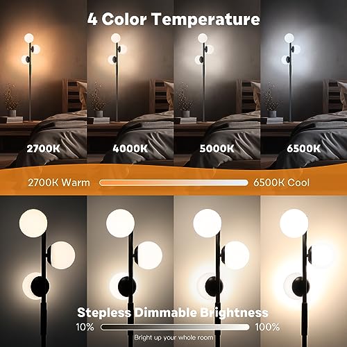 SIBRILLE LED Floor Lamp for Bedroom, 3 Globe Bright Standing Lamp with Remote Control, 4 Color Temperaure Dimmable Modern Bedroom lamp for Living Room Home Office, 24W, Black