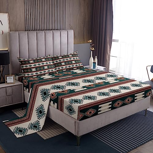 Western Decor Sheets Twin Size Southwestern Bed Sheet Set for Kids Boys Girls Cowboy Aztec Bed Sheets Women Men Teens Blue Brown Beige Native Indian Tribal Navajo Bedding Fitted Sheet Flat Sheets