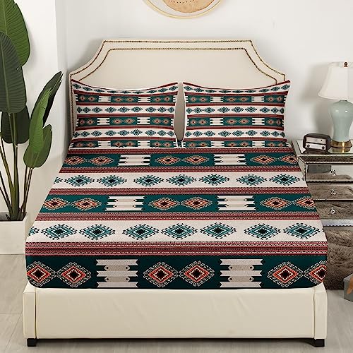 Western Decor Sheets Twin Size Southwestern Bed Sheet Set for Kids Boys Girls Cowboy Aztec Bed Sheets Women Men Teens Blue Brown Beige Native Indian Tribal Navajo Bedding Fitted Sheet Flat Sheets