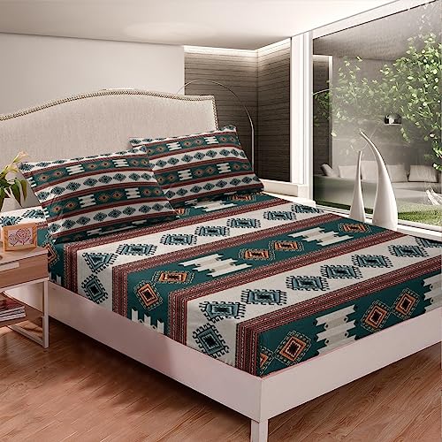 Western Decor Sheets Twin Size Southwestern Bed Sheet Set for Kids Boys Girls Cowboy Aztec Bed Sheets Women Men Teens Blue Brown Beige Native Indian Tribal Navajo Bedding Fitted Sheet Flat Sheets