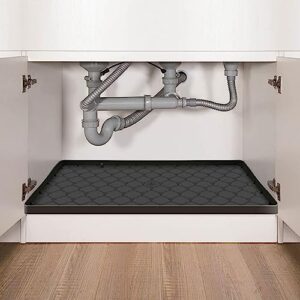 C-LARSS Under Sink Mats 33 * 21 Inches Silicone Under Kitchen Sink Liner Mat Flexible Waterproof Under Sink Drip Tray with Drainage Hole for Protect Cabinets Black